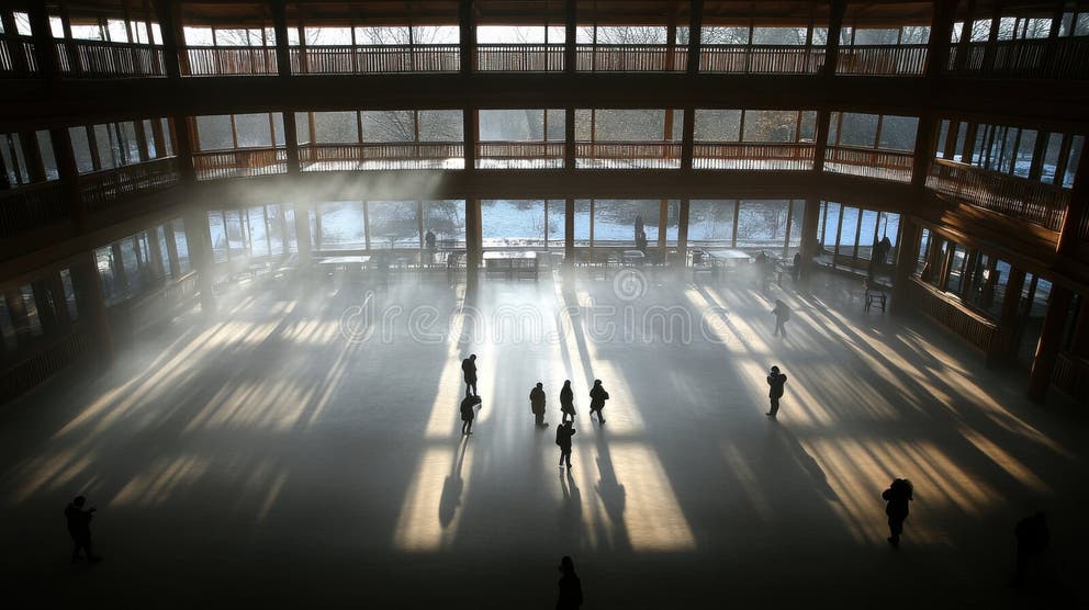 Sunlit Hall Interior with People and Long Shadows Stock Photo - Image ...