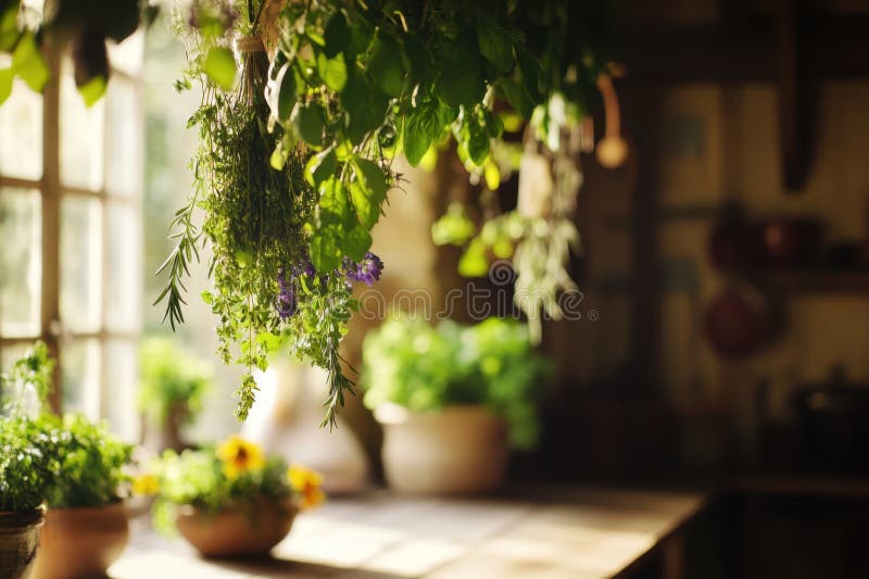 Sunlit Herb Kitchen Interior with Hanging Plants and Rustic Wooden Table. Stock Image - Image of ...