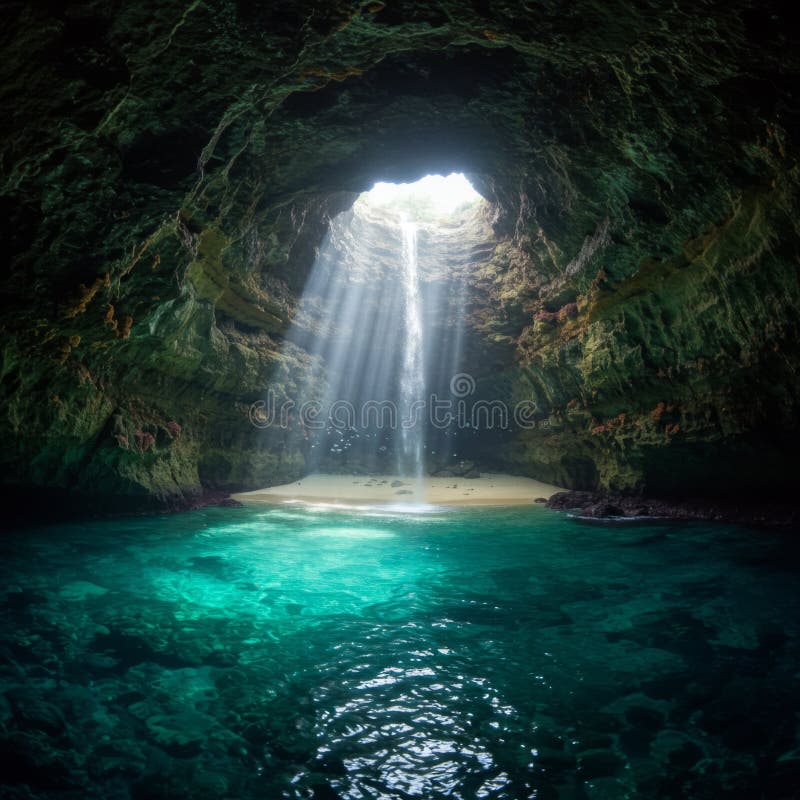 Sunlit Hidden Cove: Teal Water Cave Beach Stock Photo - Image of cove ...