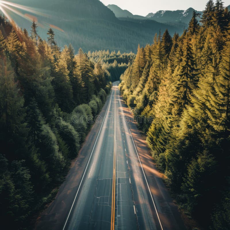 Sunlit Highway Winding through a Forest of Evergreen Trees Stock ...