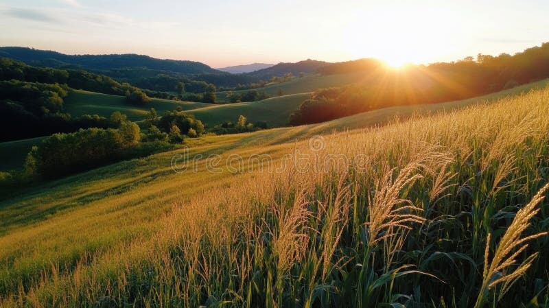 Sunlit Hills and Lush Greenery at Sunset with Rolling Landscape ...
