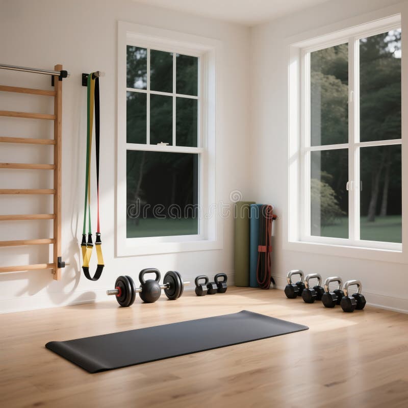 Sunlit Home Gym Setup with Weights, Mat, and Wall Bars, Promoting ...