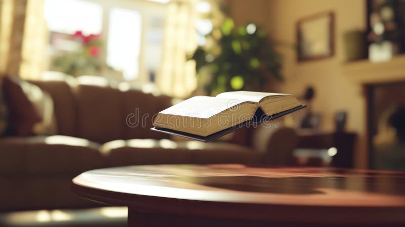 Sunlit Home Interior with Open Book on Coffee Table Stock Photo - Image ...