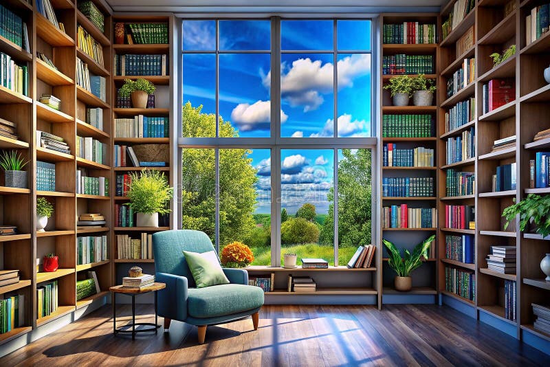 Library, with View of Vibrant Cityscape, Featuring Bustling Sidewalks ...