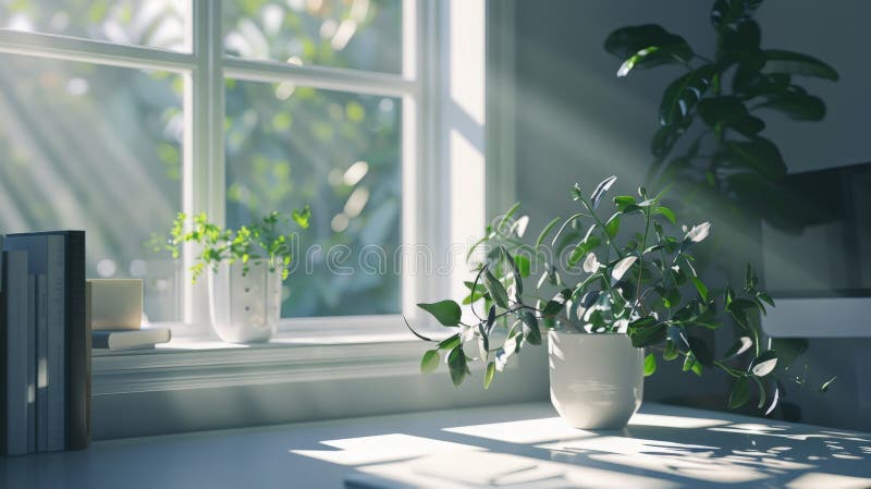 Sunlit Home Office with Plants and Computer on Desk Stock Illustration ...