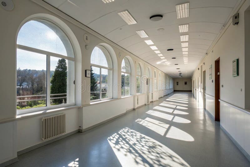 Sunlit Hospital Corridor with Arched Windows Stock Illustration ...
