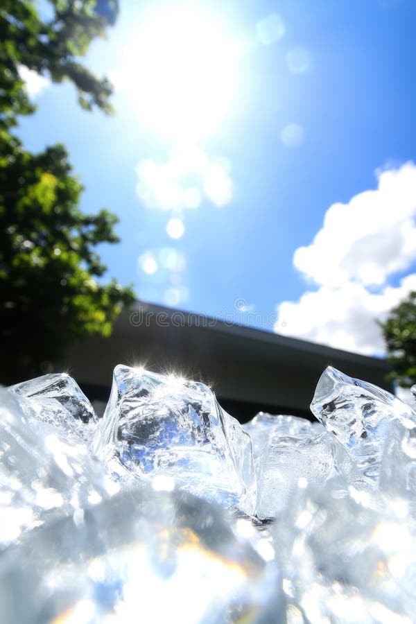 Sunlit Ice Cubes Melting Outdoors with Bright Sky and Green Trees ...
