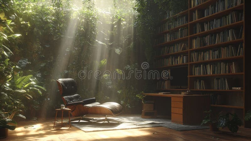 Sunlit Indoor Jungle Library Stock Illustration - Illustration of calm ...