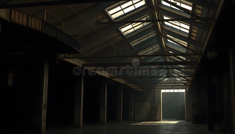 Sunlit Industrial Interior - Warehouse Perspective View Stock ...