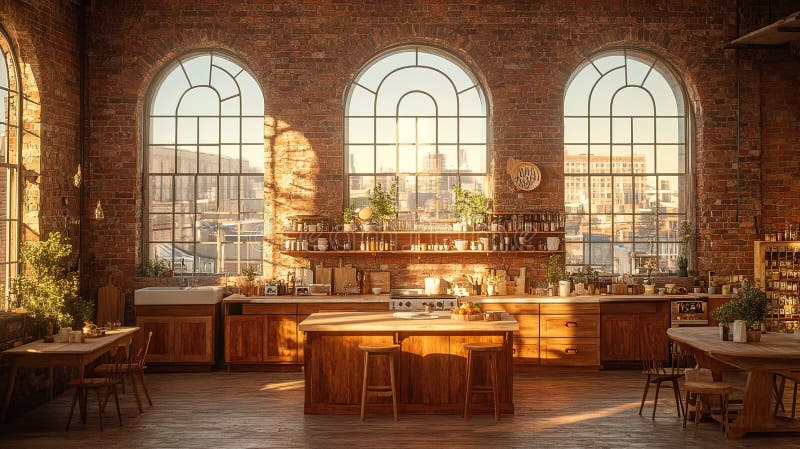 Sunlit Industrial Kitchen with City Views Stock Illustration ...