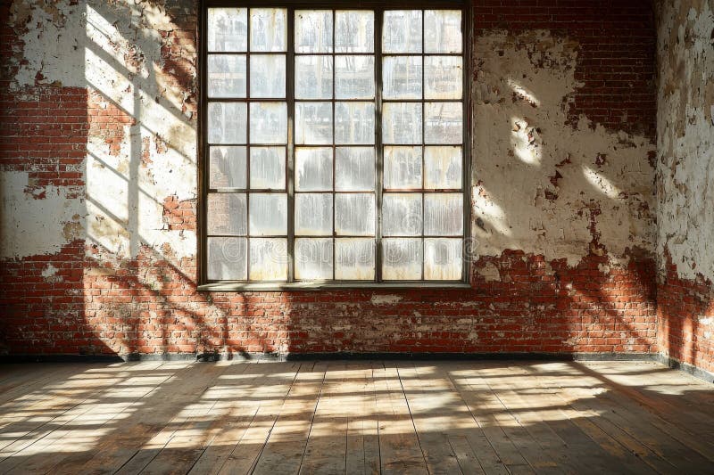 Sunlit Industrial Loft Interior with Exposed Brick and Large Window ...