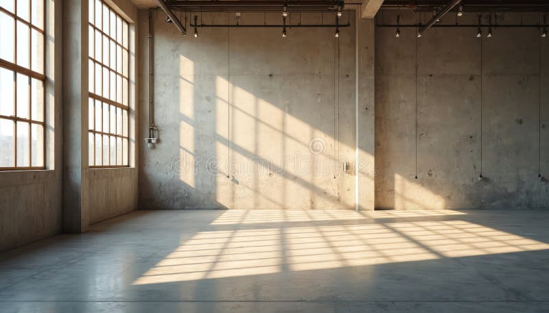 Sunlit Industrial Loft Interior with Large Windows Casting Grid Shadows ...