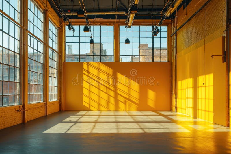 Sunlit Industrial Studio with Yellow Backdrop and Large Windows for ...