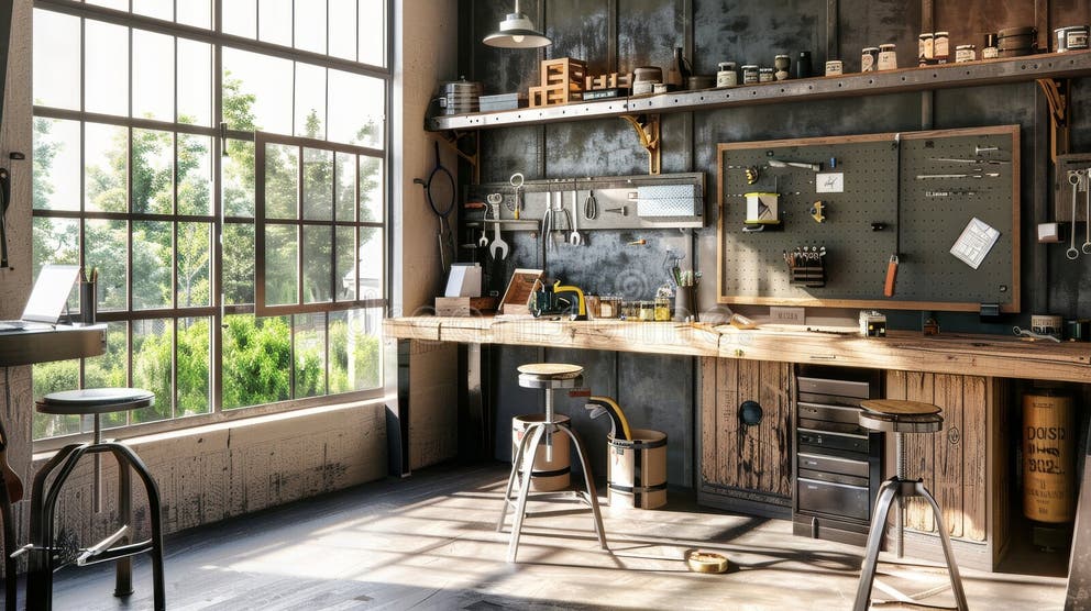 Sunlit Industrial Workshop with a Rustic Wooden Workbench, Tools, and ...