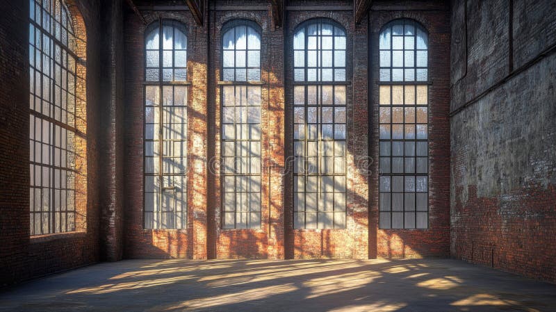 Sunlit Interior of a Brick Warehouse with Large Windows Stock ...