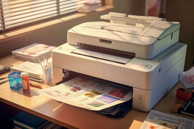 Sunlit Interior with Desktop Printer on Office Desk Stock Illustration ...