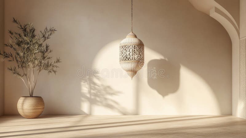 Sunlit Interior with Hanging Lantern and Olive Tree Stock Illustration - Illustration of ...