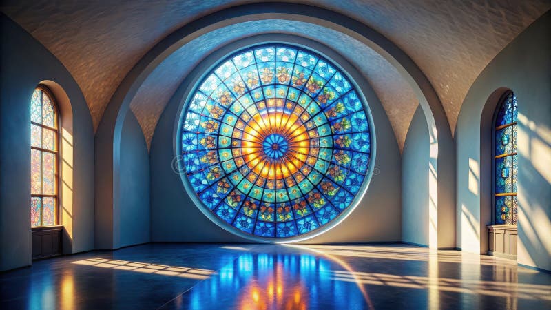 Sunlit Interior with Ornate Circular Stained Glass Window and Matching ...