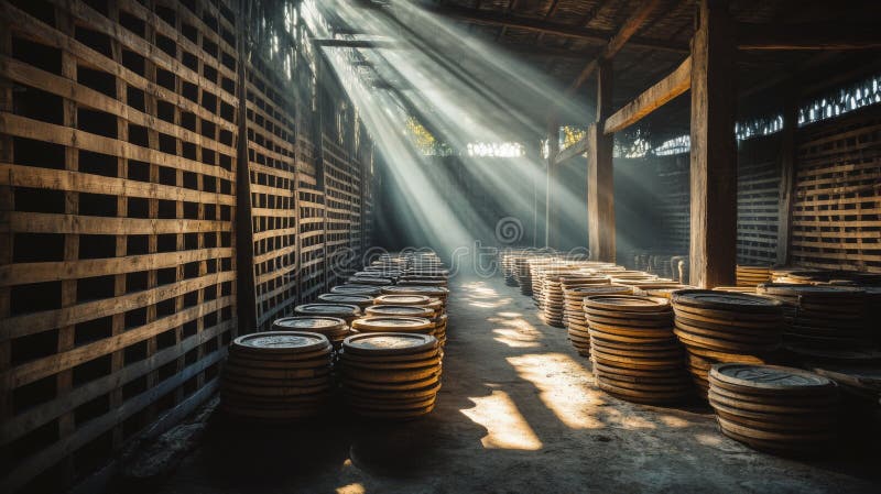 A Sunlit Interior of a Rustic Storage Space. Wooden Barrels are Neatly ...