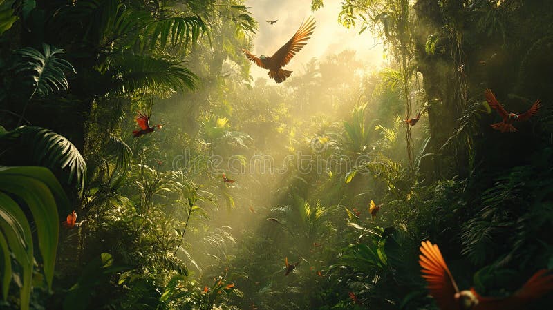 Sunlit Jungle with Parrots in Flight Stock Photo - Image of light ...
