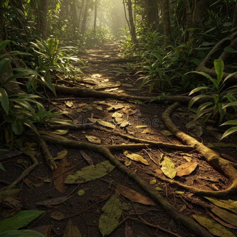 Sunlit Jungle Path with Exposed Roots Stock Illustration - Illustration ...