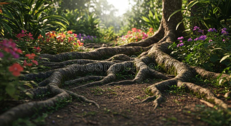 Sunlit Jungle Path among Exposed Tree Roots and Colorful Flowers Stock ...
