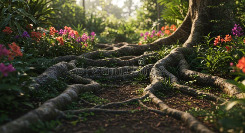Sunlit Jungle Path through Exposed Tree Roots and Vibrant Flowers Stock ...