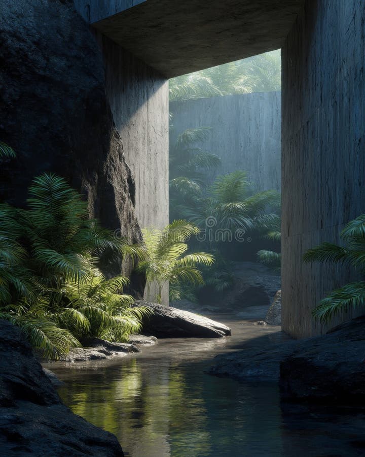Sunlit Jungle Pathway through Concrete Structure Stock Illustration ...
