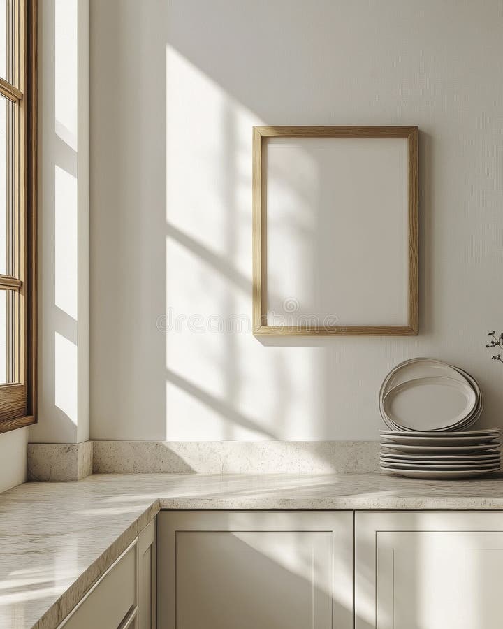 Sunlit Kitchen Corner with Stack of Plates and Blank Frame Stock ...