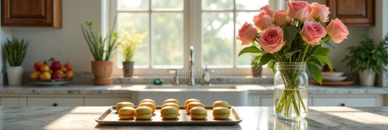 Sunlit Kitchen Counter with Macarons and Vase of Pink Roses Stock Image ...
