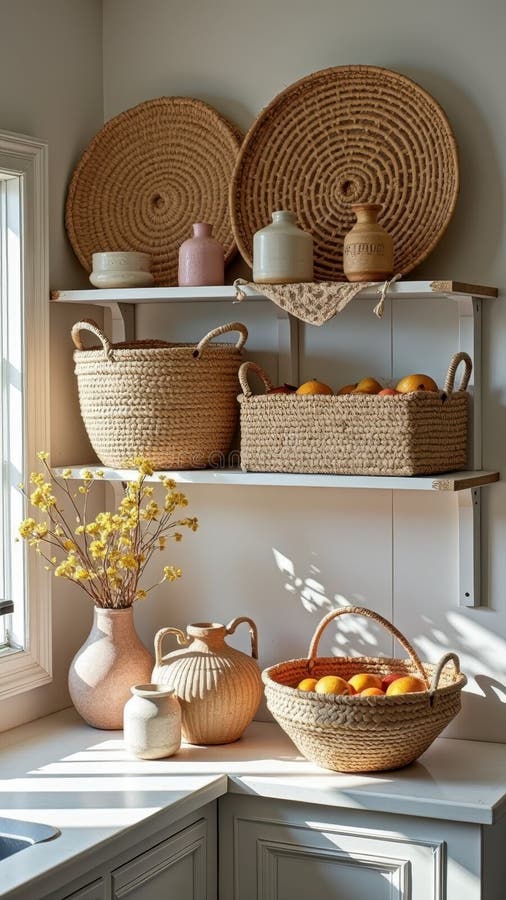 Sunlit Kitchen Decor with Wicker Baskets Filled with Fruit and Ceramic ...