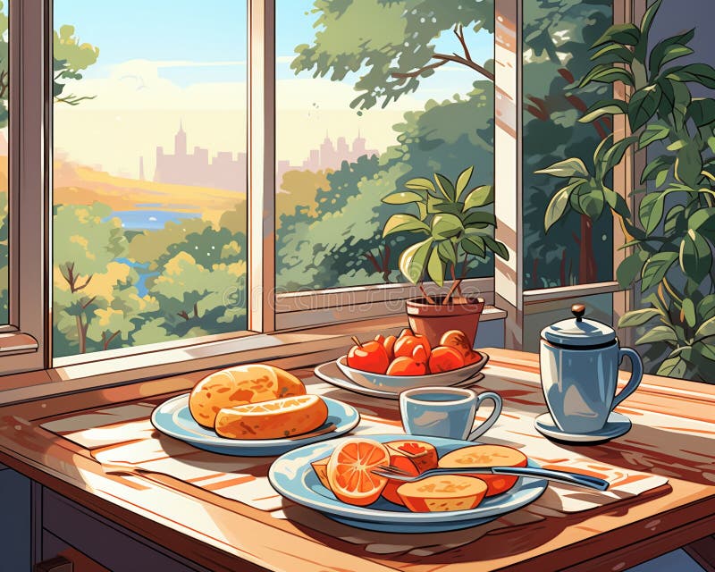 Sunlit Kitchen with a Healthy Breakfast, Flat Design, Front View ...