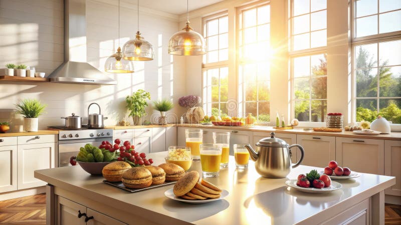 Sunlit Kitchen Island Breakfast Scene with Fresh Food and Drinks ...