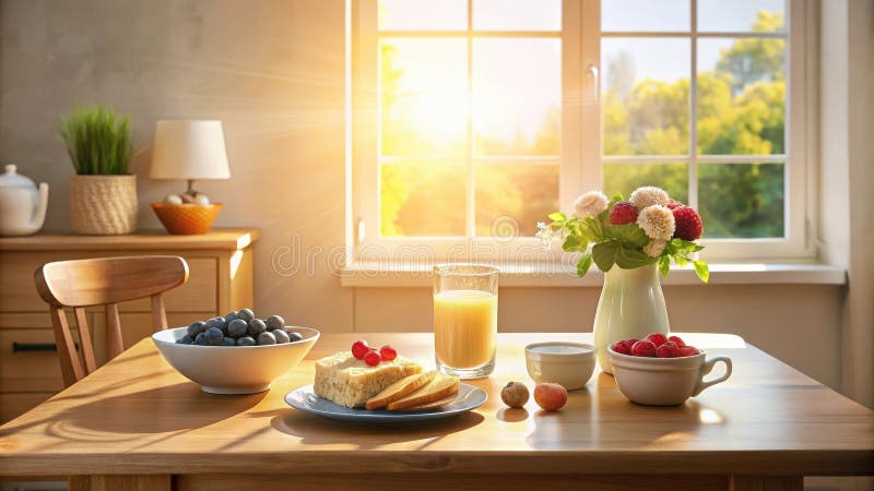 Sunlit Kitchen Table Breakfast Scene with Fresh Fruit and Juice ...