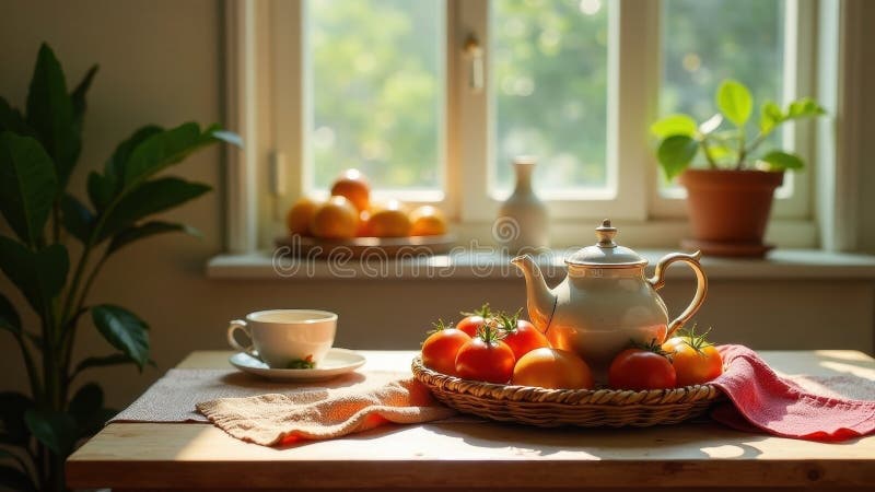 Sunlit Kitchen Table Scene with Teapot, Teacup, Tomatoes, and Citrus ...