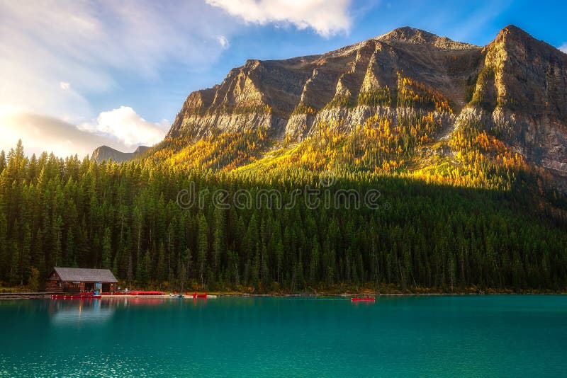 Sunlit Lake Louise in the Fall Stock Photo - Image of tranquil ...