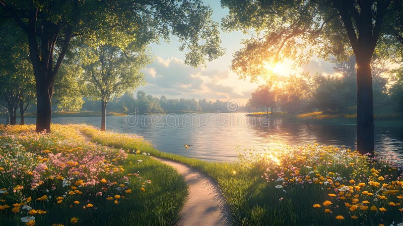Sunlit Lake with Trees and Flower Path Stock Illustration ...