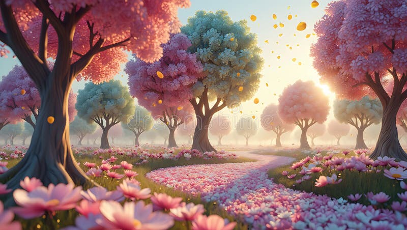 Enchanted Pink & Blue Blossom Tree Path Stock Illustration ...