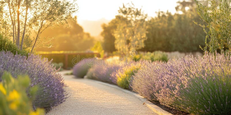 Sunlit Lavender Pathway Surrounded by Blooming Lavender and Trees at ...
