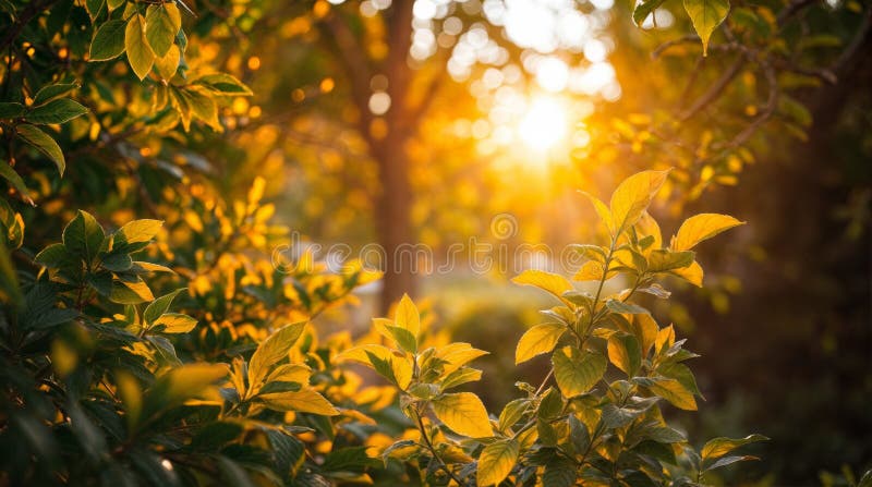 Sunlit Leaves on Branches in a Forest with Sun Shining through Stock ...