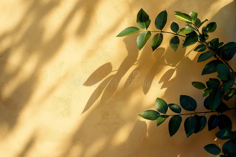 Sunlit Leaves Casting Shadows on a Yellow Textured Wall Stock Image ...