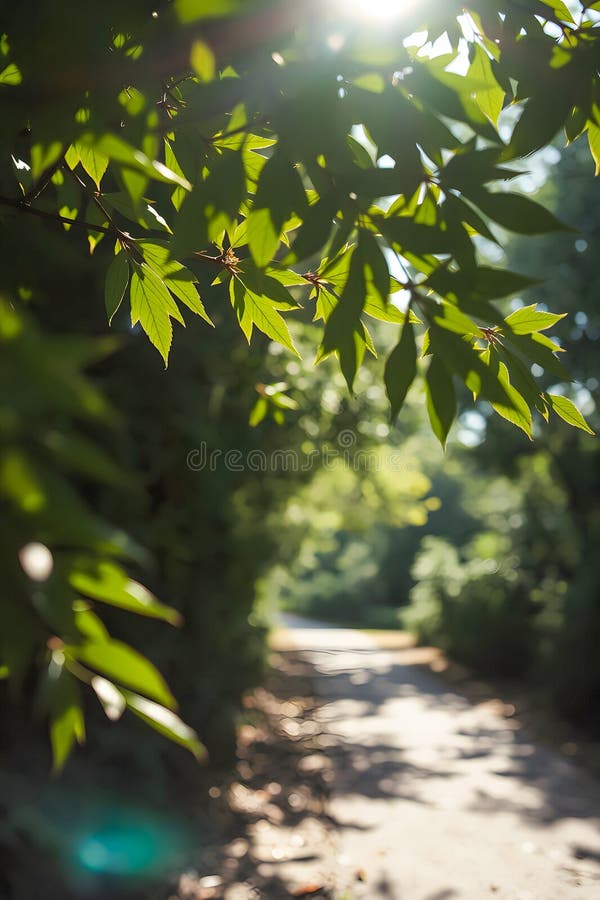 Sunlit Leaves Frame a Blurred Forest Path Stock Illustration ...