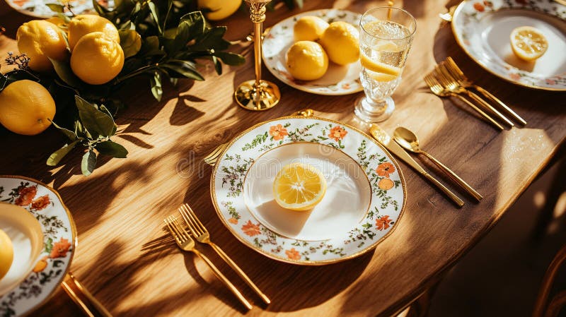 Sunlit Lemon Table Setting with Floral Plates and High Quality Image ...