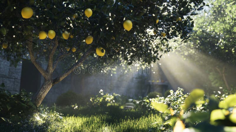 Sunlit Lemon Tree in a Lush Garden Stock Illustration - Illustration of ...