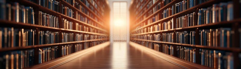Sunlit Library Aisle with Bookshelves Stock Illustration - Illustration ...