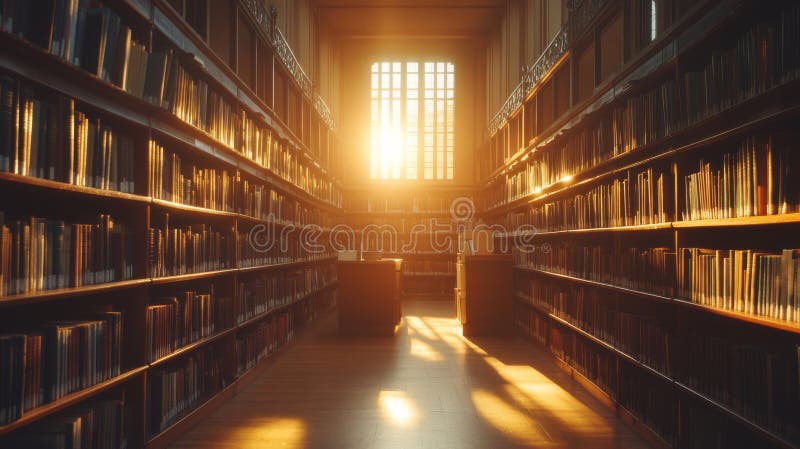 Sunlit Library Aisle with Bookshelves and Sunlight Streaming through a ...