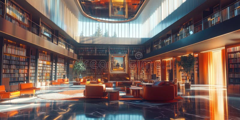 Sunlit Library Aisle: Rows of Books and Empty Chairs, Warm Light ...
