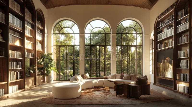 Sunlit Library with Arch Windows and Beige Sofa Stock Illustration ...