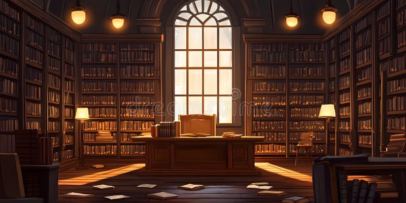 Sunlit Library: Bookshelves, Desk, and Arch Window Stock Illustration ...