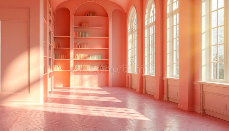 Sunlit Library with Coral Arches Stock Photo - Image of learning ...